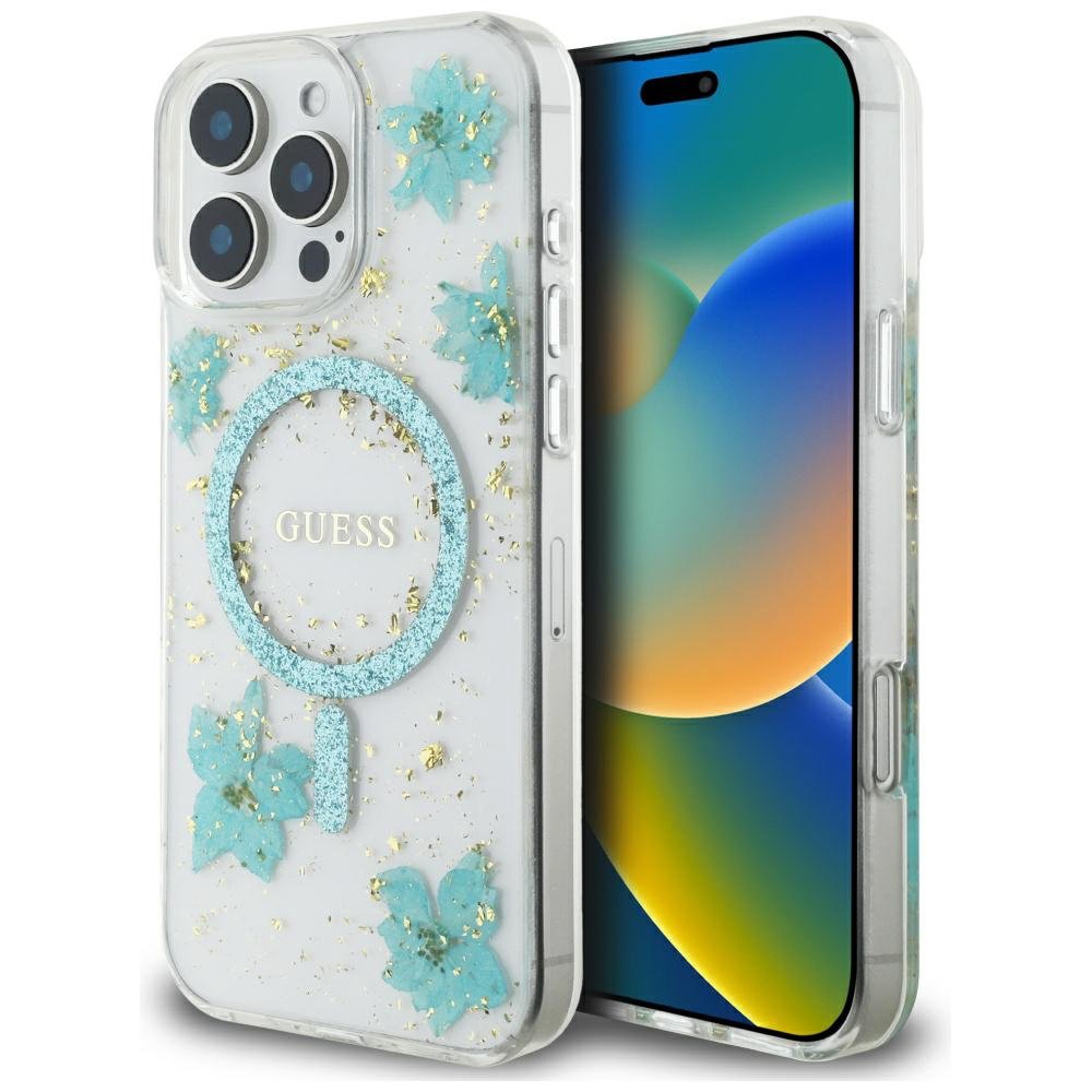 Guess Resin Flowers Glitter MagSafe iPhone 16 Pro Case - Clear Green ...