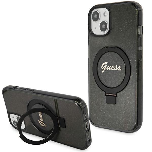 Guess Ring Stand Script Glitter MagSafe case for iPhone 15 - black ...